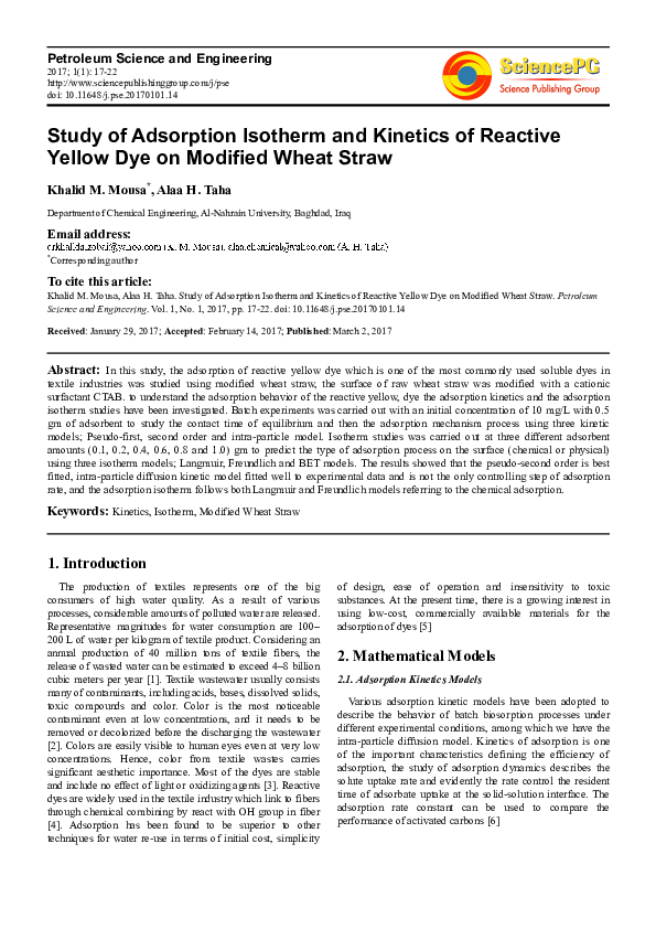Study of Adsorption Isotherm and Kinetics of Reactive Yellow Dye on Modified Wheat Straw