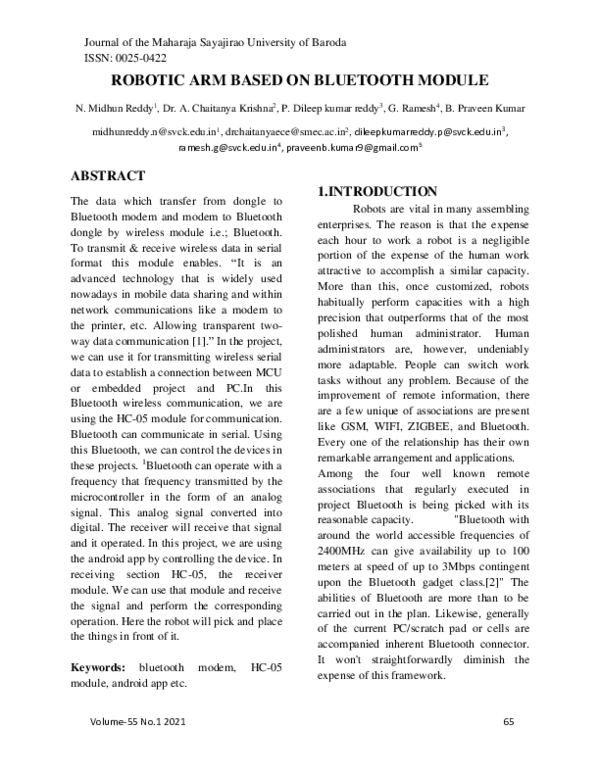 (PDF) ROBOTIC ARM BASED ON BLUETOOTH MODULE