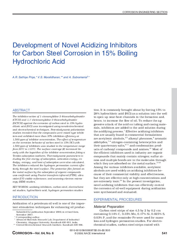 (PDF) Development of Novel Acidizing Inhibitors for Carbon Steel ...