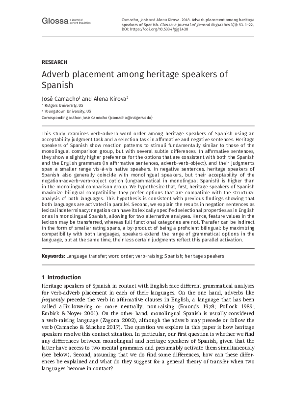 (PDF) Adverb placement among heritage speakers of Spanish