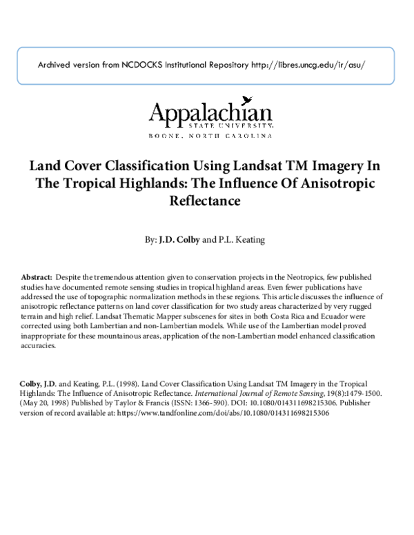 Pdf Land Cover Classification Using Landsat Tm Imagery In The Tropical Highlands The