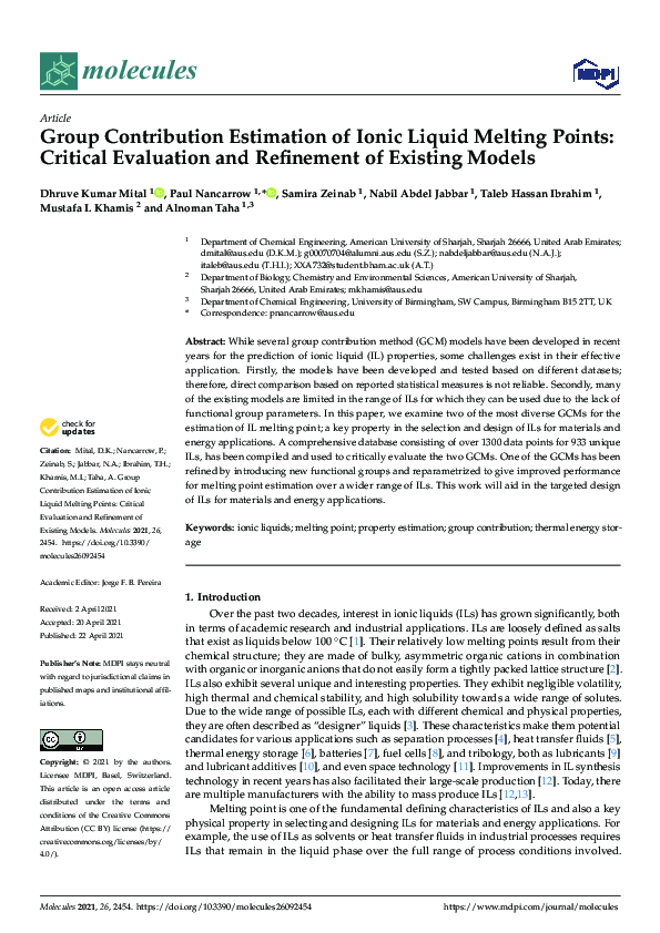 (PDF) Group Contribution Estimation of Ionic Liquid Melting Points: Critical Evaluation and ...