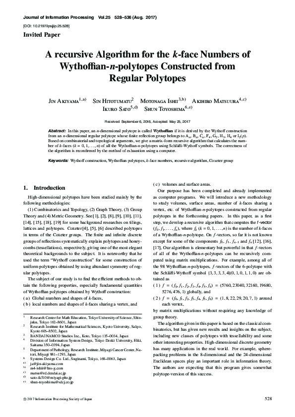 (PDF) A recursive Algorithm for the k -face Numbers of Wythoffian- n -polytopes Constructed from ...