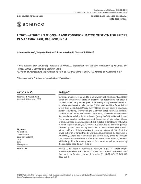 (PDF) Length-Weight Relationship and Condition Factor of Seven Fish ...