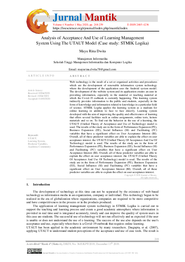 (PDF) Analysis of Acceptance And Use of Learning Management System Using The UTAUT Model (Case ...