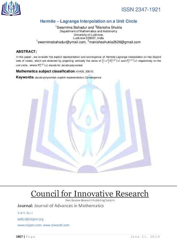 (PDF) Hermite – Lagrange Interpolation on the Unit Circle