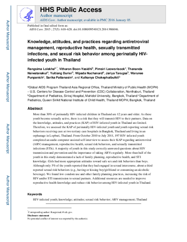 (PDF) Knowledge, attitudes, and practices regarding antiretroviral management, reproductive ...