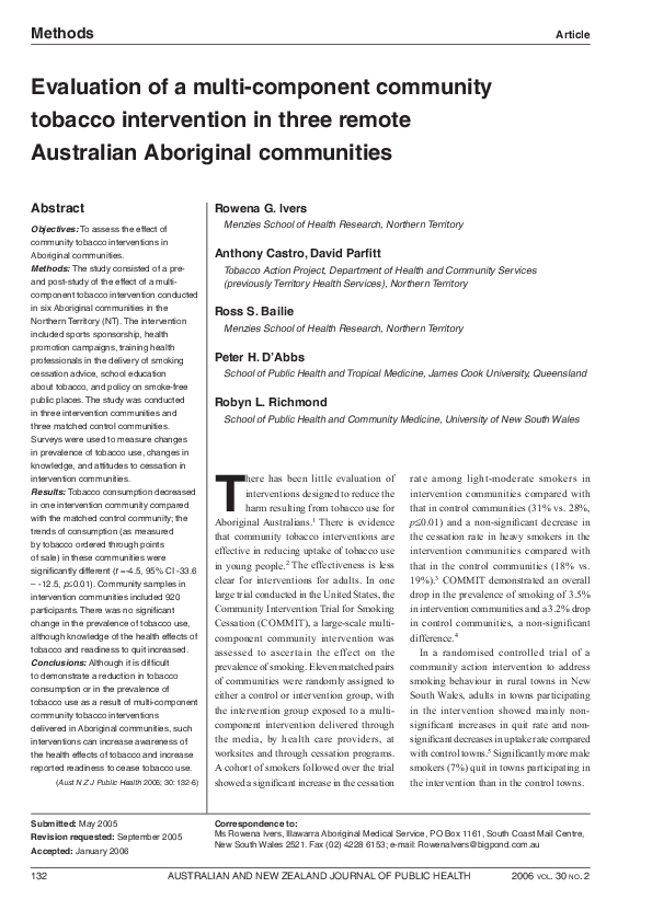 (PDF) Evaluation of a multi‐component community tobacco intervention in three remote Australian ...
