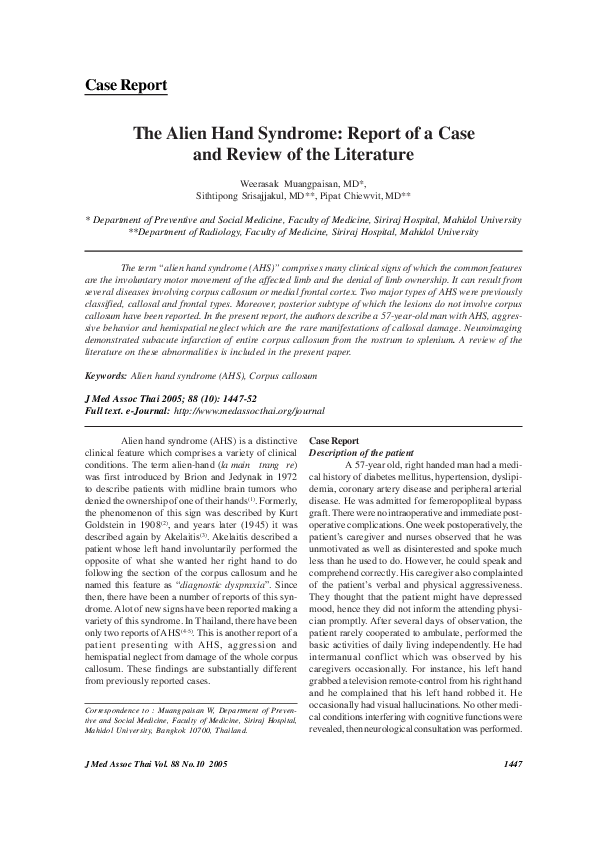 (PDF) The alien hand syndrome: report of a case and review of the ...