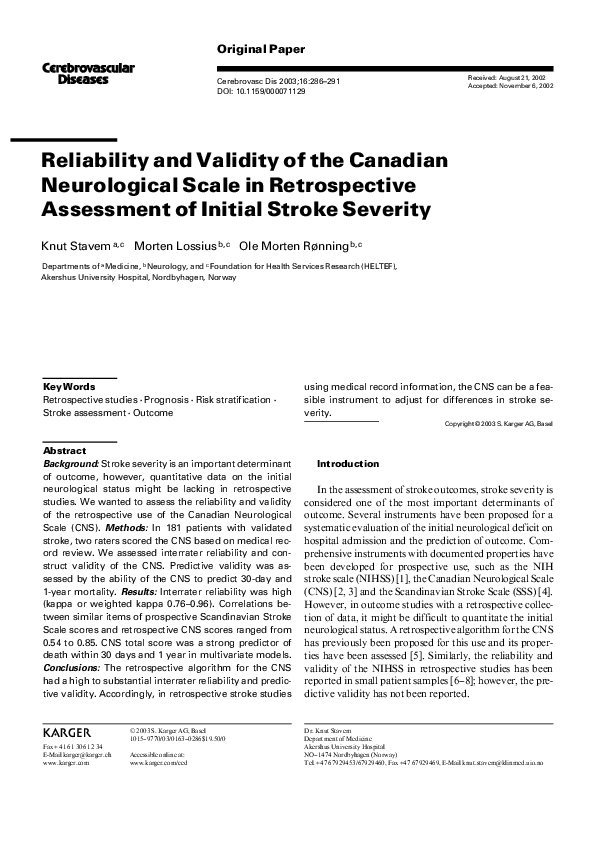 (PDF) Reliability and Validity of the Canadian Neurological Scale in ...