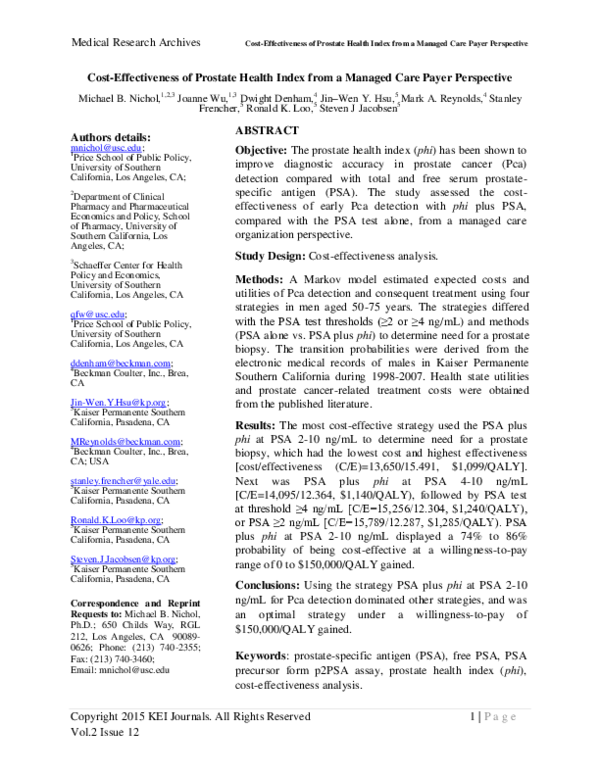 (PDF) Cost-Effectiveness of Prostate Health Index from a Managed Care ...