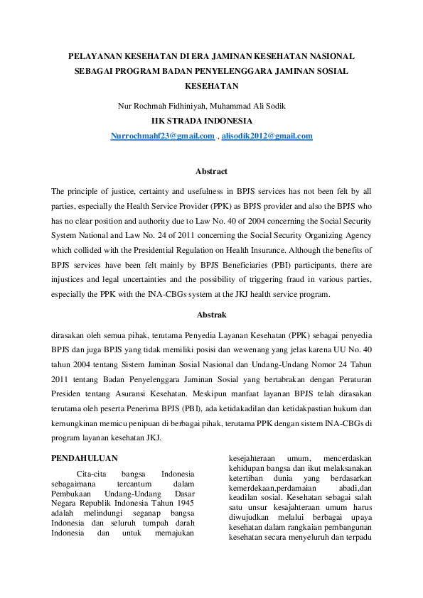 (PDF) PELAYANAN KESEHATAN DI ERA JAMINAN KESEHATAN NASIONAL SEBAGAI PROGRAM BADAN PENYELENGGARA ...