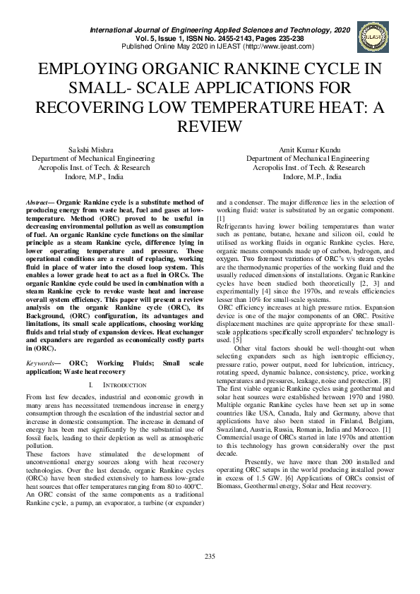 (PDF) Employing Organic Rankine Cycle in Small- Scale Applications for ...