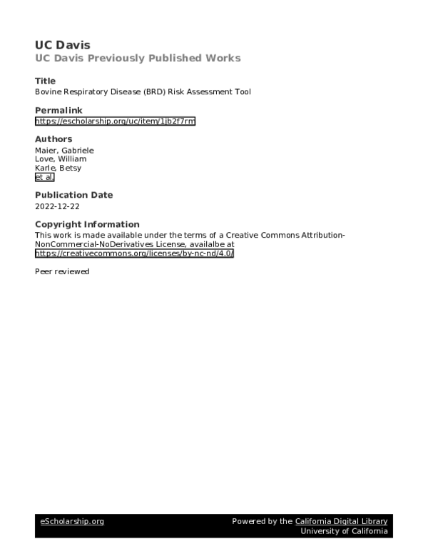 (PDF) Bovine Respiratory Disease (BRD) Risk Assessment Tool
