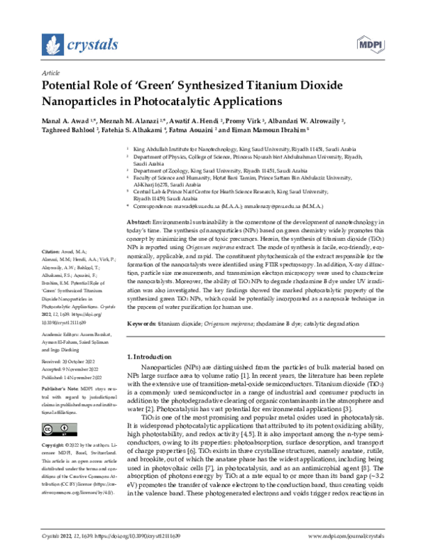 Pdf Potential Role Of ‘green Synthesized Titanium Dioxide Nanoparticles In Photocatalytic
