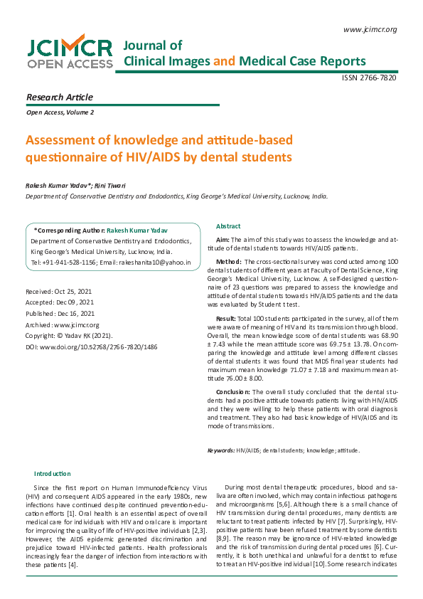 (PDF) Dental Students' Knowledge and Attitudes on HIV/AIDS