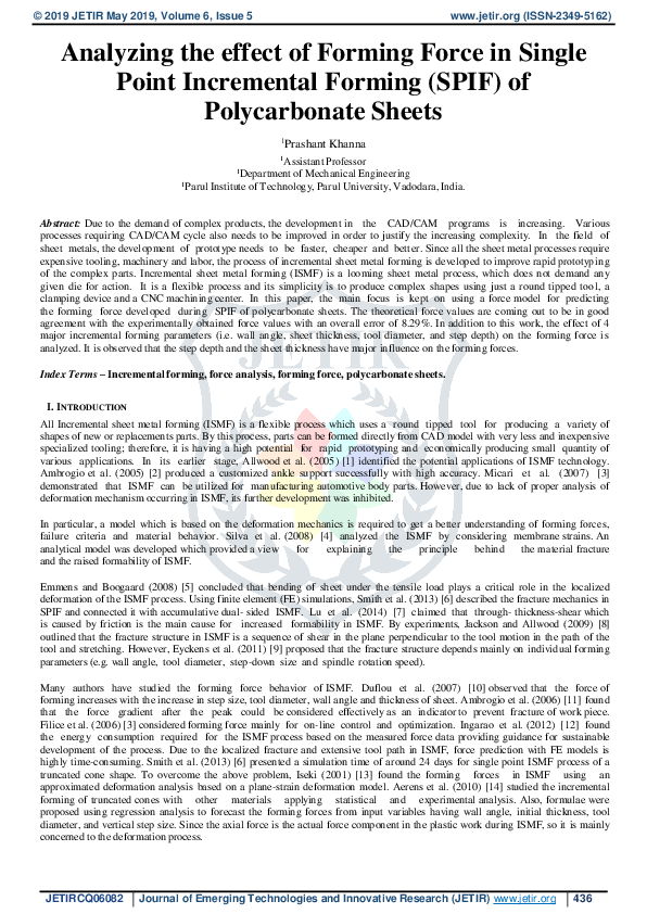 (PDF) Analyzing the effect of Forming Force in Single Point Incremental Forming (SPIF) of ...
