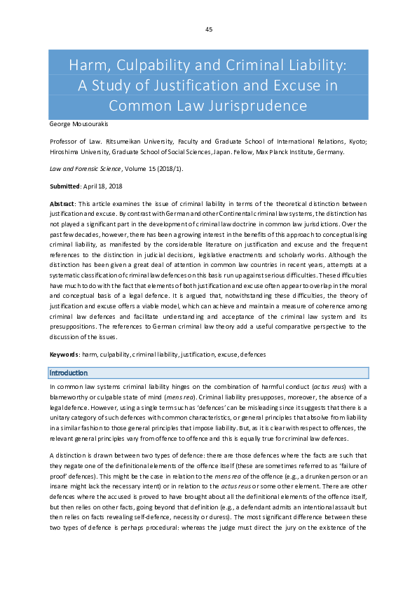(PDF) Harm, Culpability and Criminal Liability: A Study of Justification and Excuse in Common ...