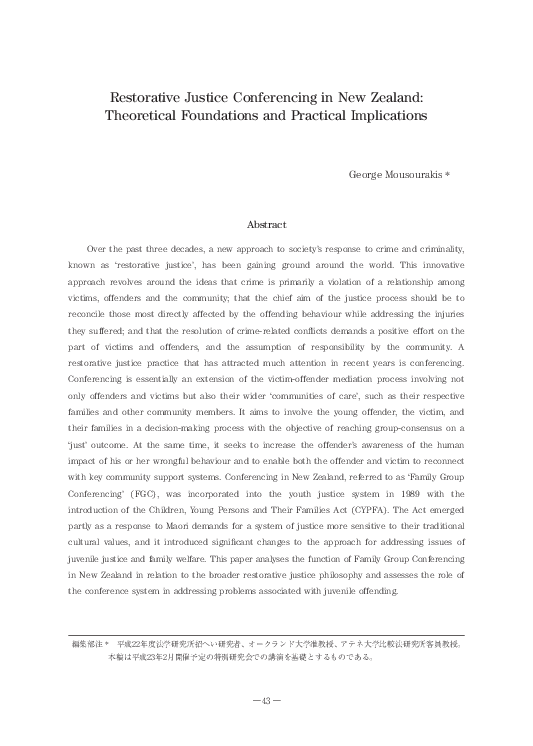(PDF) Restorative justice conferencing in New Zealand: theoretical foundations and practical ...