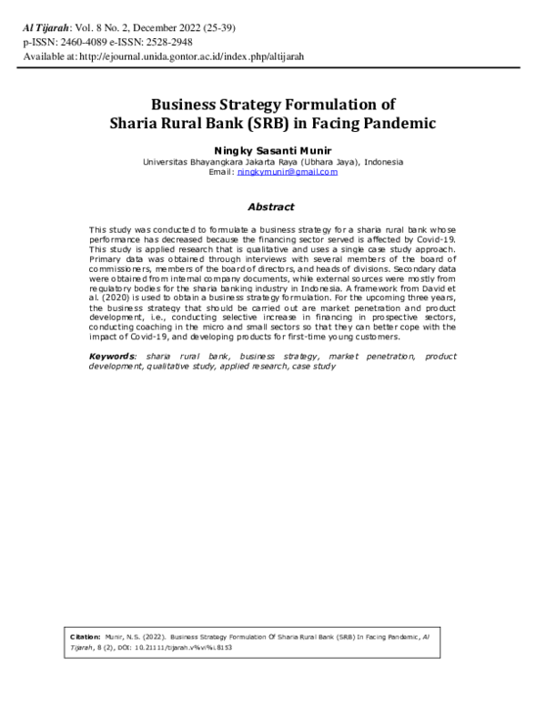 (PDF) Business Strategy Formulation of Sharia Rural Bank (SRB) in Facing Pandemic