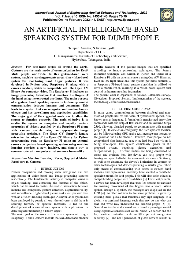 (PDF) An Artificial Intelligence-Based Speaking System for Dumb People