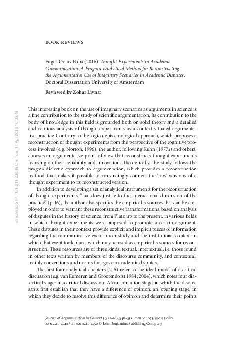Pdf Review Of Popa 2016 Thought Experiments In Academic Communication A Pragma Dialectical