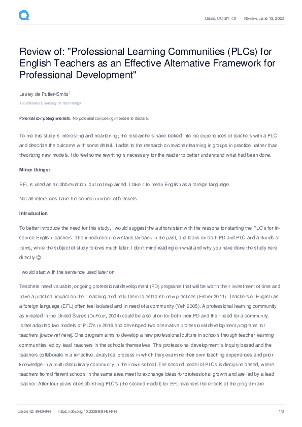 (PDF) Review of: "Professional Learning Communities (PLCs) for English ...