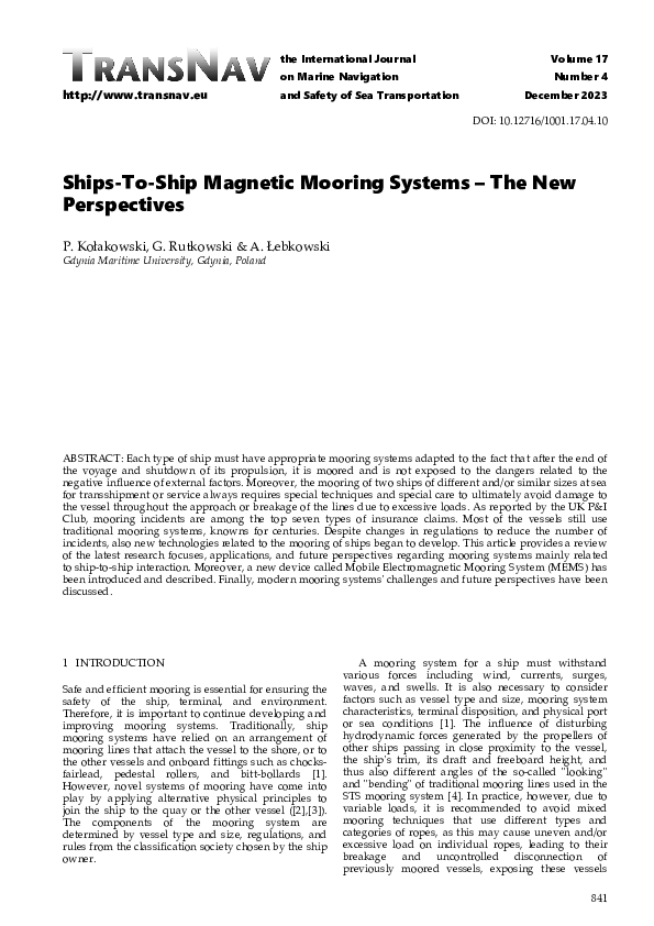 (PDF) Ships-To-Ship Magnetic Mooring Systems – The New Perspectives