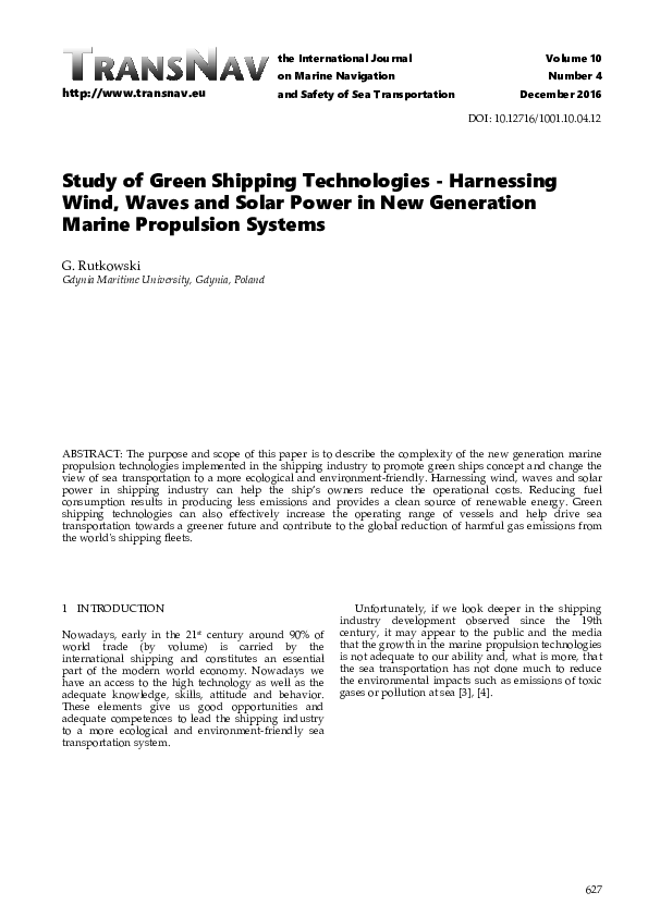 (PDF) Study of Green Shipping Technologies - Harnessing Wind, Waves and ...