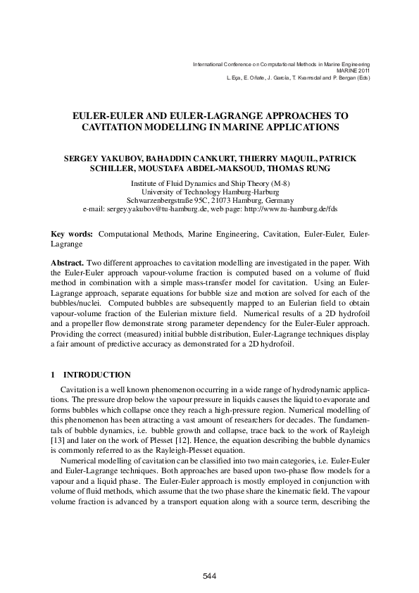 (PDF) Euler-Euler and Euler-Lagrange approaches to cavitation modelling in marine applications