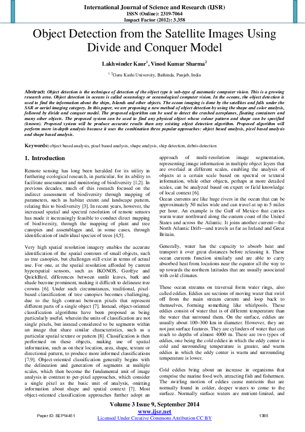 Pdf Object Detection From The Satellite Images Using Divide And Conquer Model