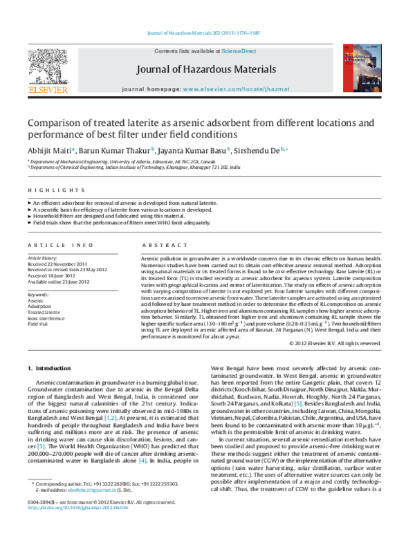 (PDF) Comparison of treated laterite as arsenic adsorbent from ...