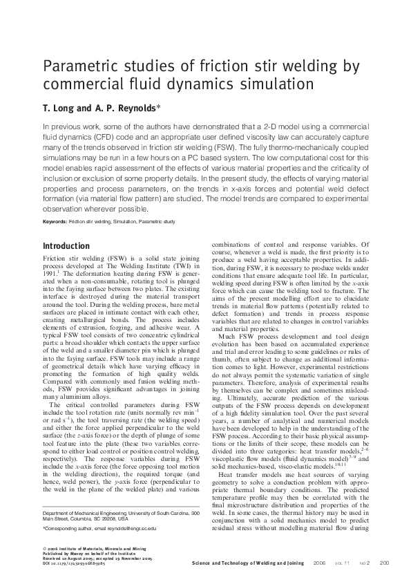 (PDF) Parametric studies of friction stir welding by commercial fluid dynamics simulation