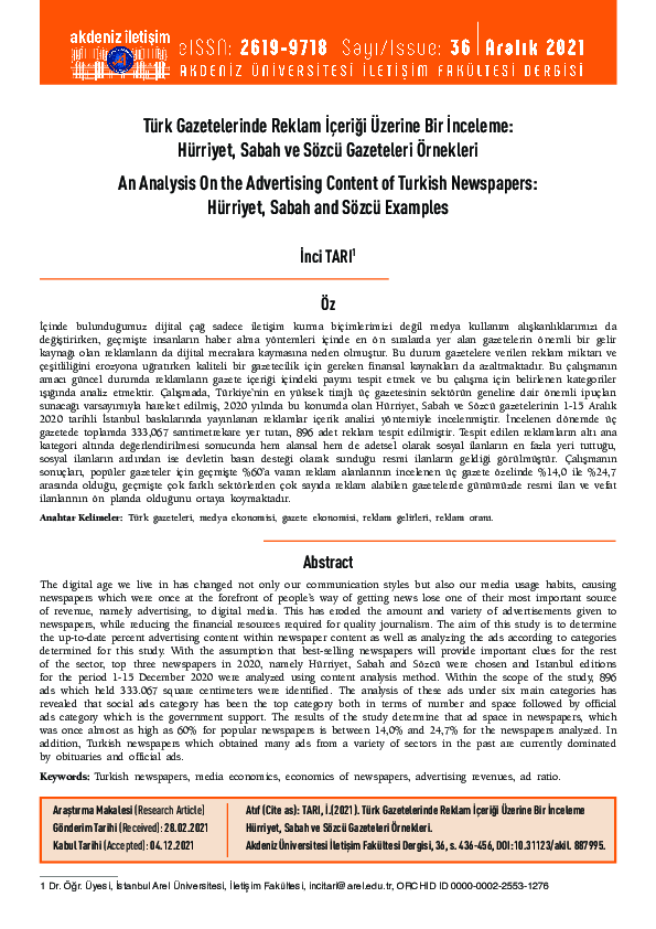 (PDF) An Analysis on the Advertising Content of Turkish Newspapers ...