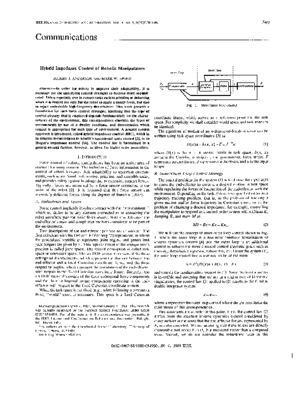 Pdf Hybrid Impedance Control Of Robotic Manipulators