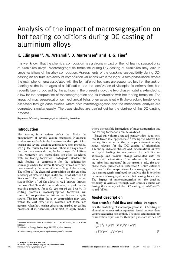 (PDF) Analysis of the impact of macrosegregation on hot tearing conditions during DC casting of ...