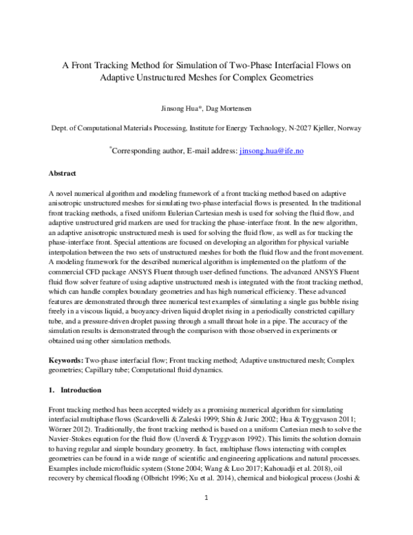 (PDF) A front tracking method for simulation of two-phase interfacial flows on adaptive ...