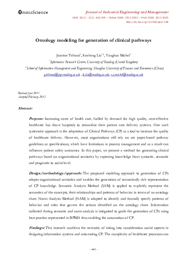 (PDF) Ontology modeling for generation of clinical pathways | Vaughan Michell - Academia.edu