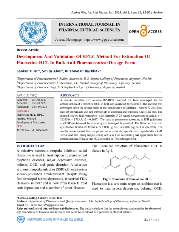Pdf Development And Validation Of Hplc Method For Estimation Of Fluoxetine Hcl In Bulk And