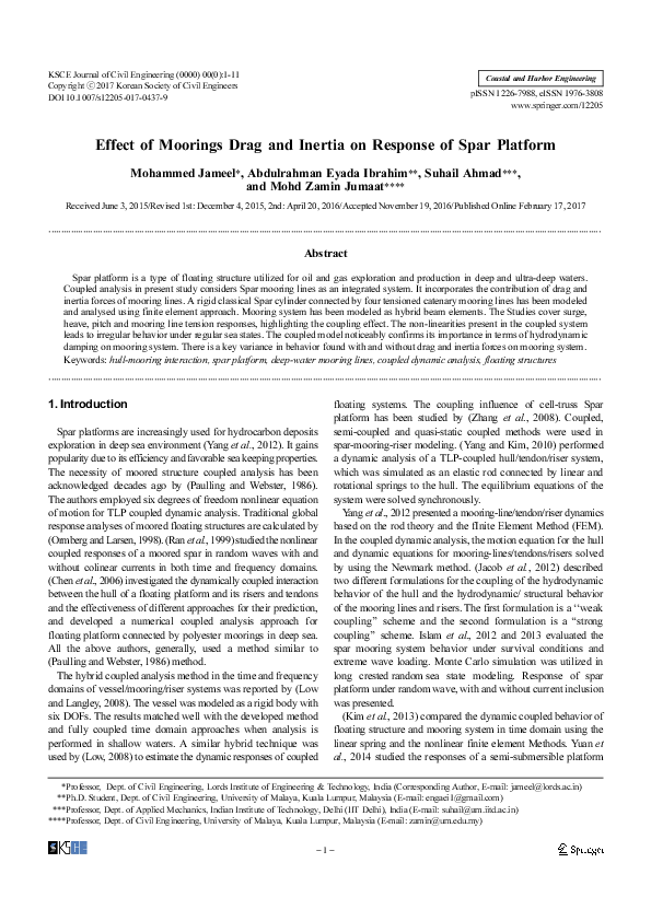 (PDF) Effect of moorings drag and inertia on response of spar platform