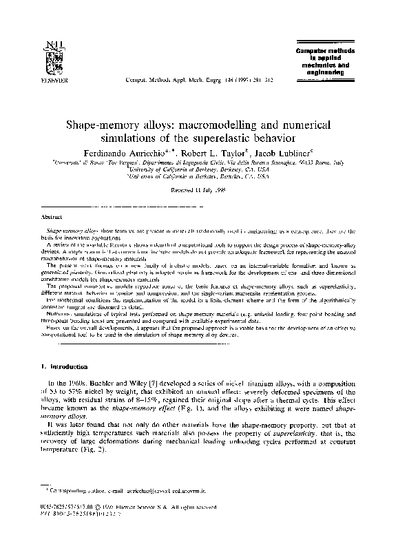 (PDF) Shape-memory alloys: macromodelling and numerical simulations of the superelastic behavior