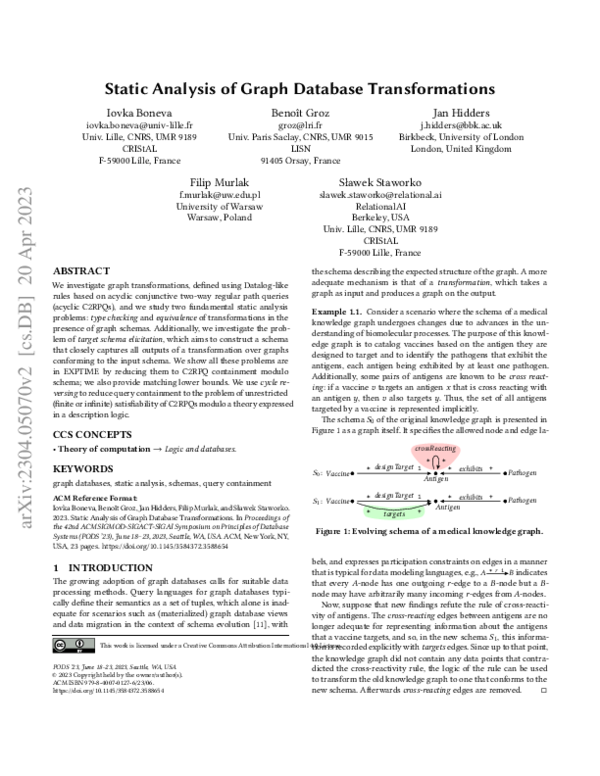 (PDF) Static Analysis of Graph Database Transformations | Filip Murlak - Academia.edu