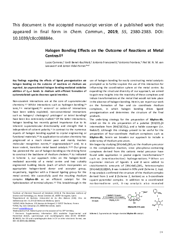(PDF) Halogen bonding effects on the outcome of reactions at metal centres