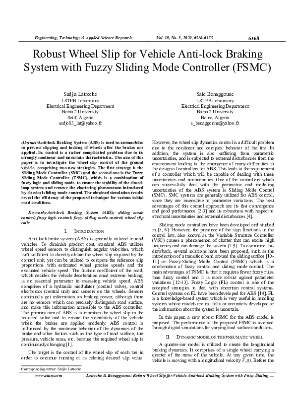 (PDF) Robust Wheel Slip for Vehicle Anti-lock Braking System with Fuzzy Sliding Mode Controller ...