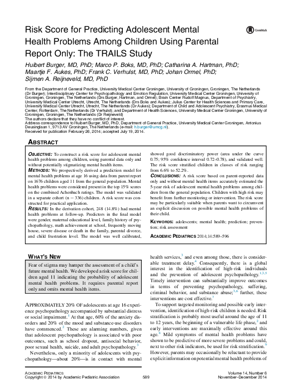 (PDF) Risk Score for Predicting Adolescent Mental Health Problems Among Children Using Parental ...