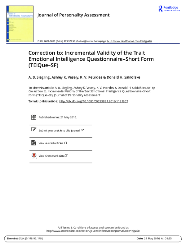 (PDF) Incremental Validity of the Trait Emotional Intelligence ...