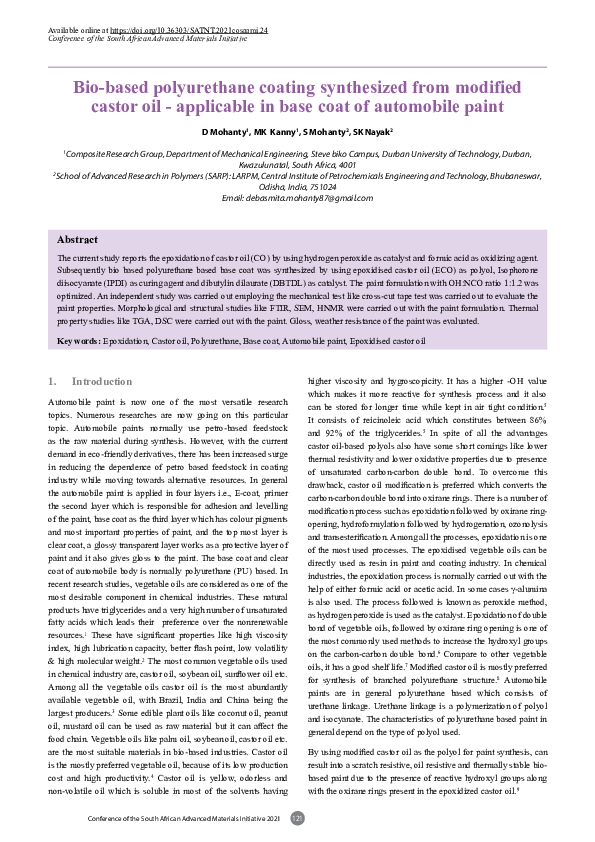 (PDF) Bio-based polyurethane coating synthesized from modified castor ...