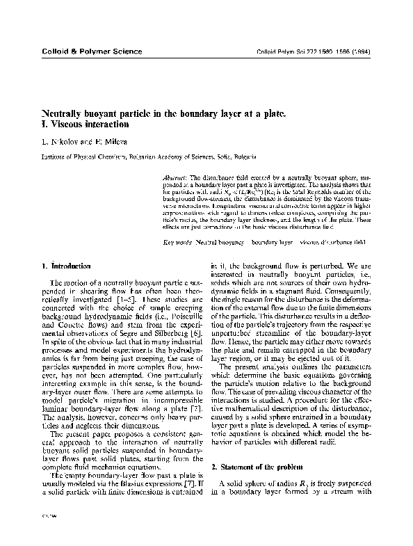 (PDF) Neutrally buoyant particle in the boundary layer at a plate. I. Viscous interaction ...
