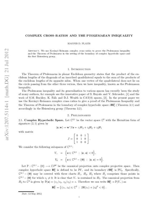 (PDF) Complex cross--ratios and the Ptolemaean inequality