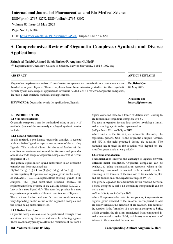 (PDF) A Comprehensive Review of Organotin Complexes: Synthesis and Diverse Applications